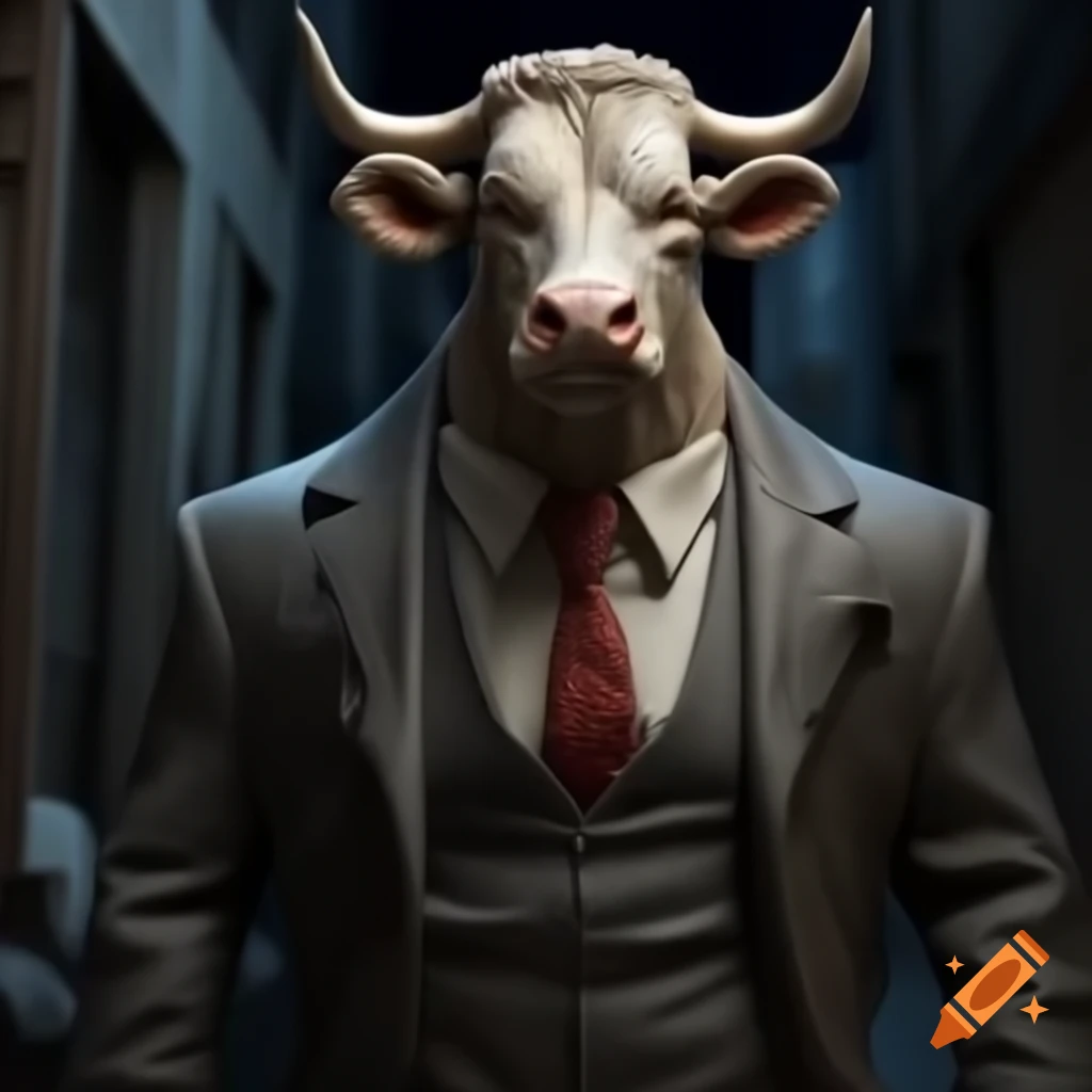 Muscular anthropomorphic cow dressed as a hitman in 3D alleyway on Craiyon