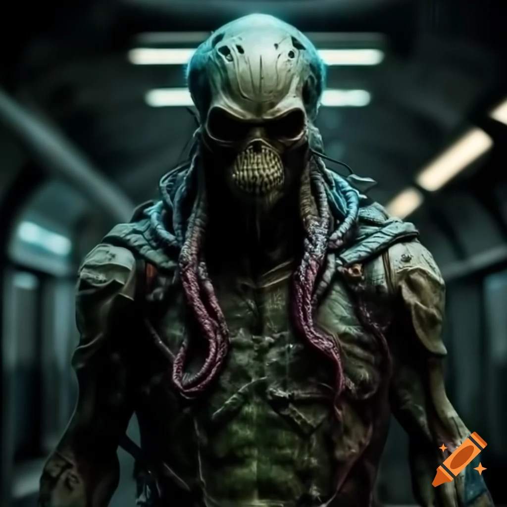 Rotting zombie squid in futuristic armor in dark subway station on Craiyon