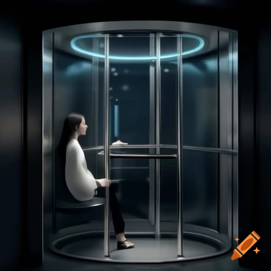 Asian woman with long hair in futuristic glass elevator overlooking ...