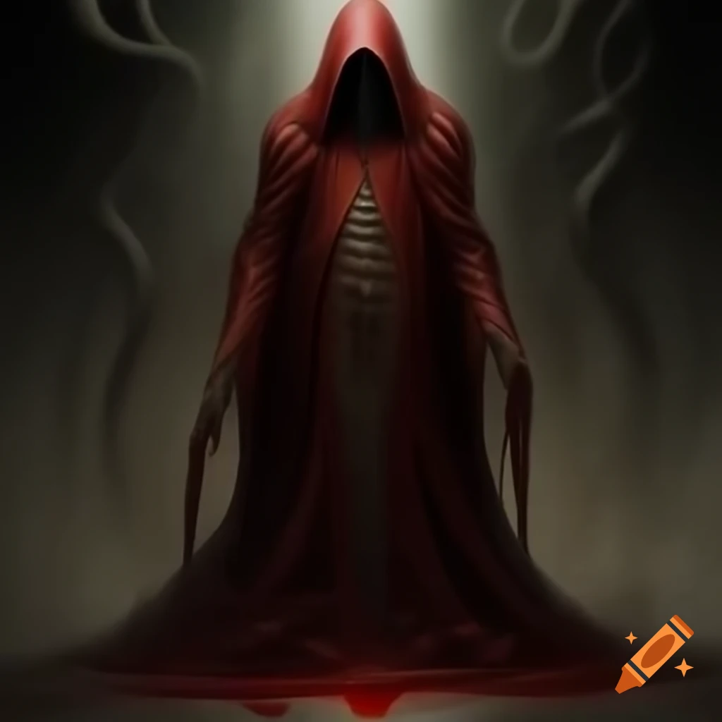 Mysterious wizard in deep red robe, towering figure with flowing ...