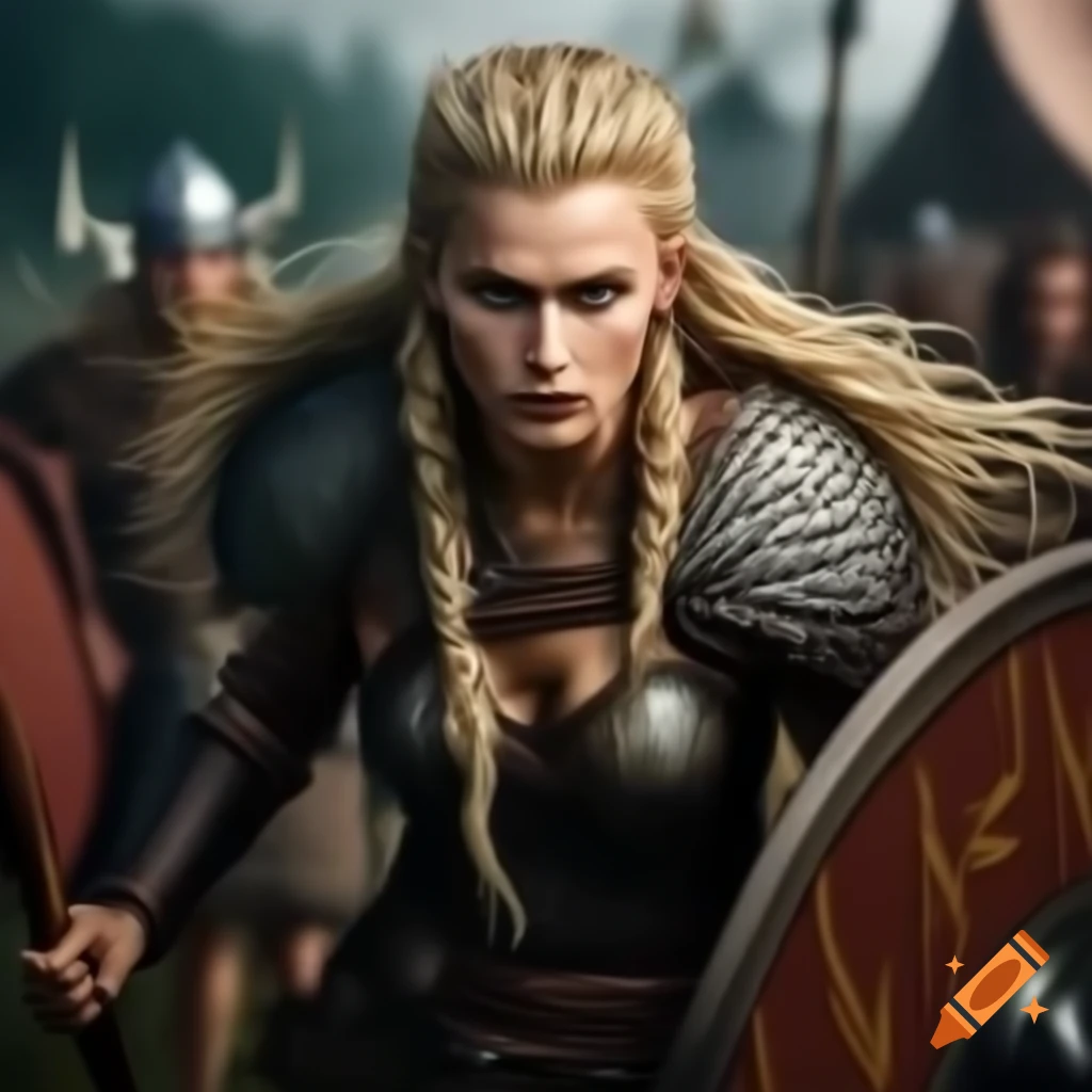 Viking shield-maiden in horned armor with blonde braids, ready for ...