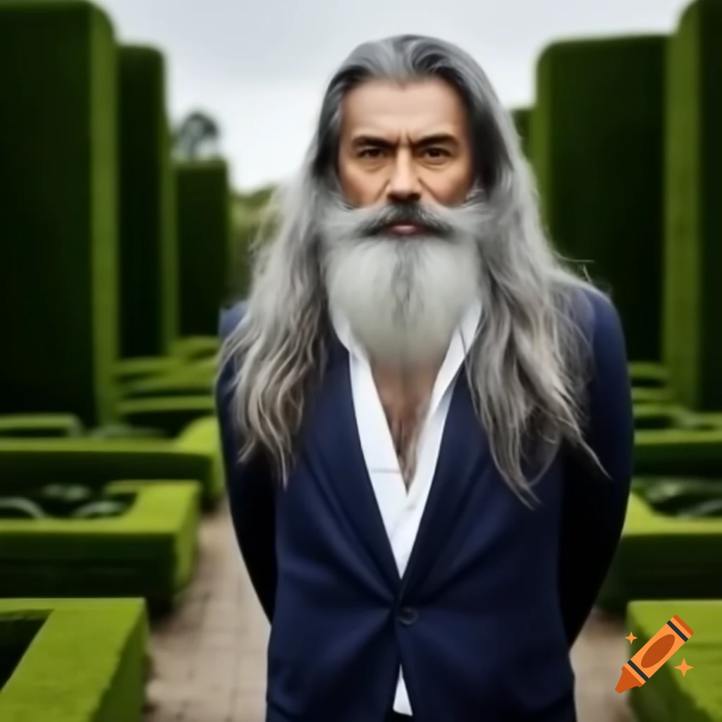 Dapper man with long gray beard walking in a manicured garden, smiling ...