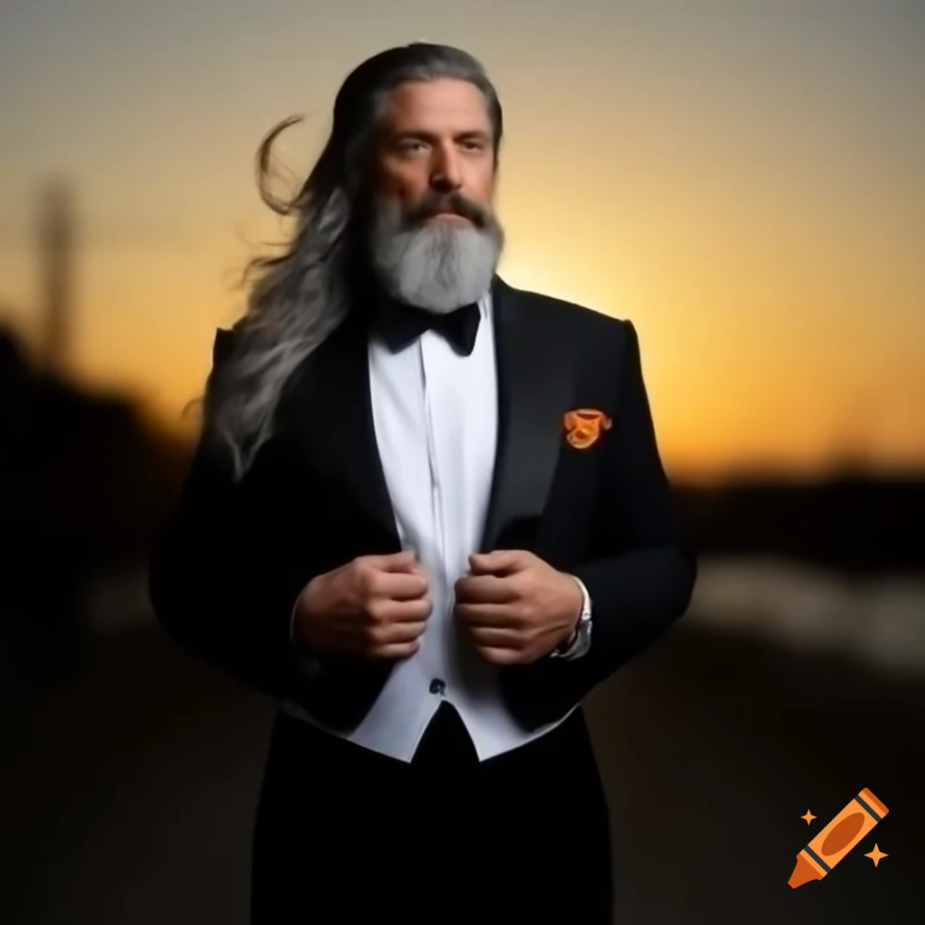 Dapper thin man in tuxedo with gray beard walking during golden hour on Craiyon
