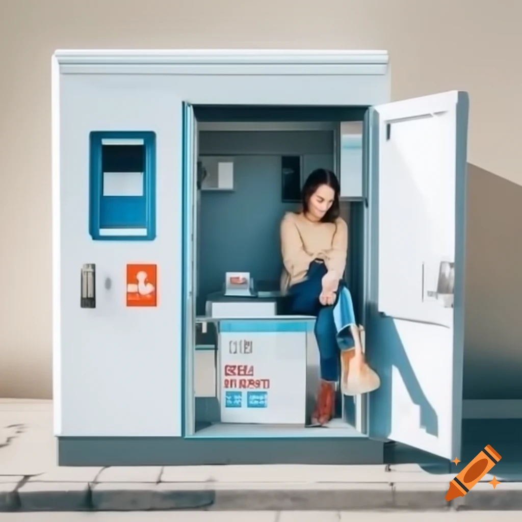 Ehealth station featuring young woman in box with screen displaying ...