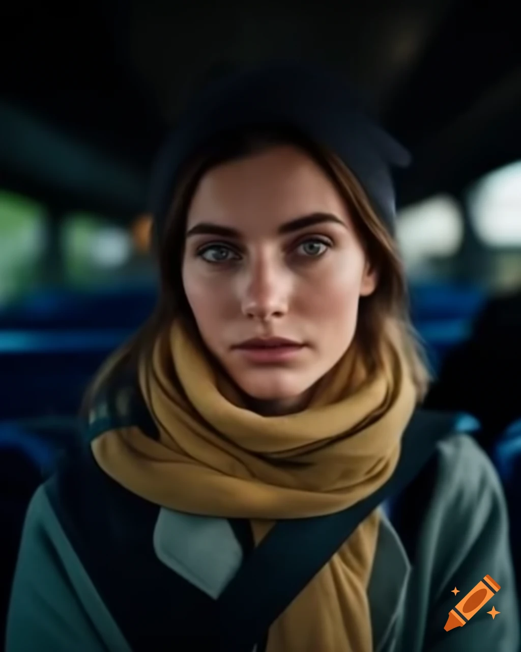 Close-up portrait of a beautiful woman in Belgian public transport ...