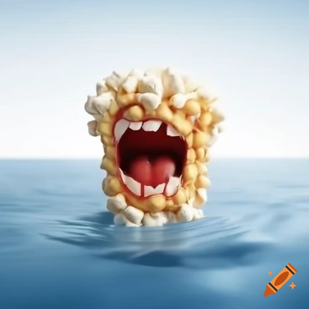 Novelty popcorn shaped like a human mouth submerged in water on Craiyon