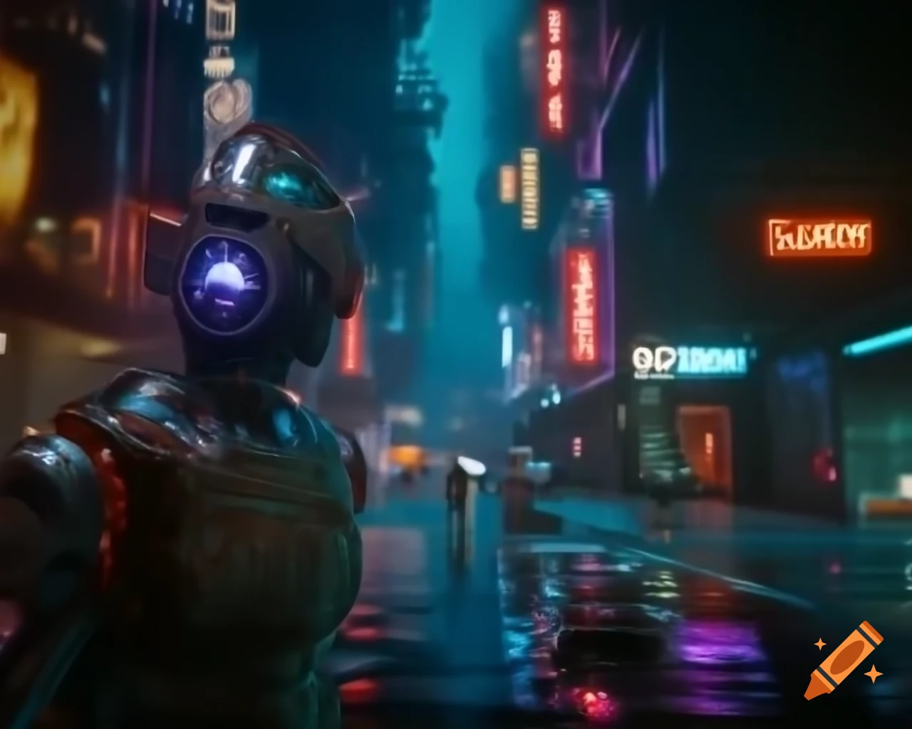 Neon-lit biopunk and cyberpunk cityscape with cyborg animals on Craiyon
