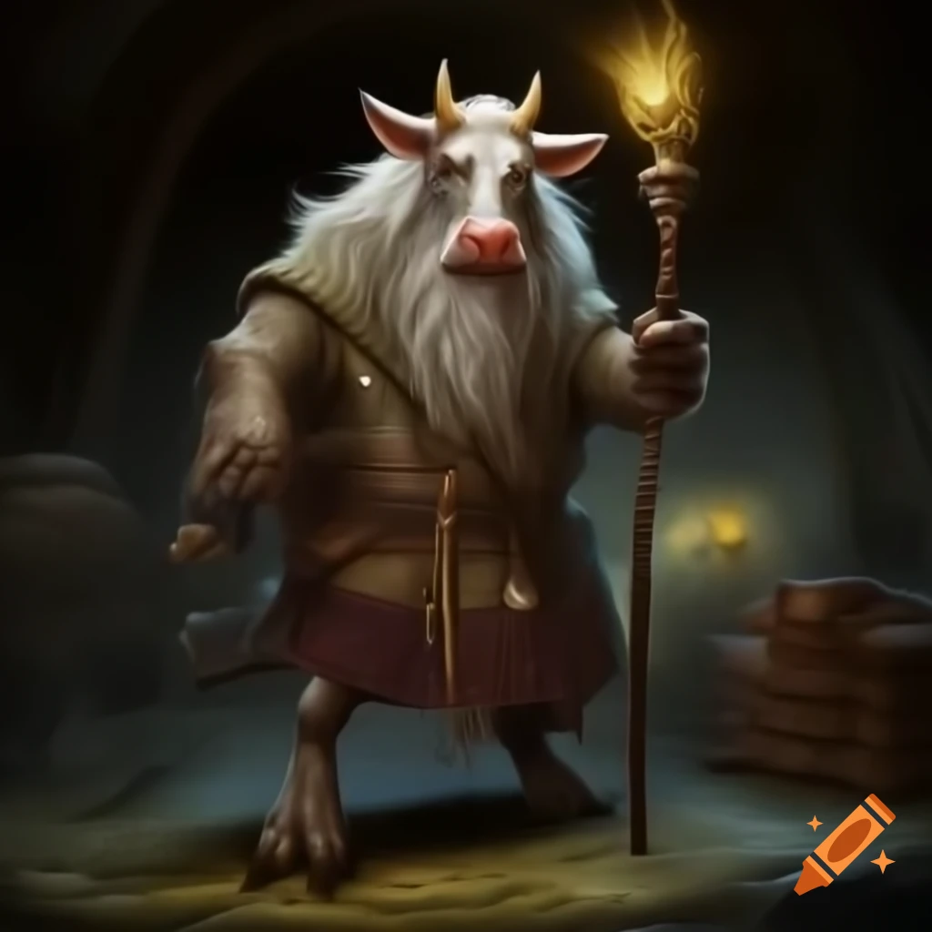 Bizarre creature combining cow and wizard traits, walking on two legs ...