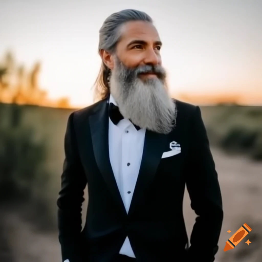 Elegant man with long gray beard and tuxedo smiling during golden hour on Craiyon