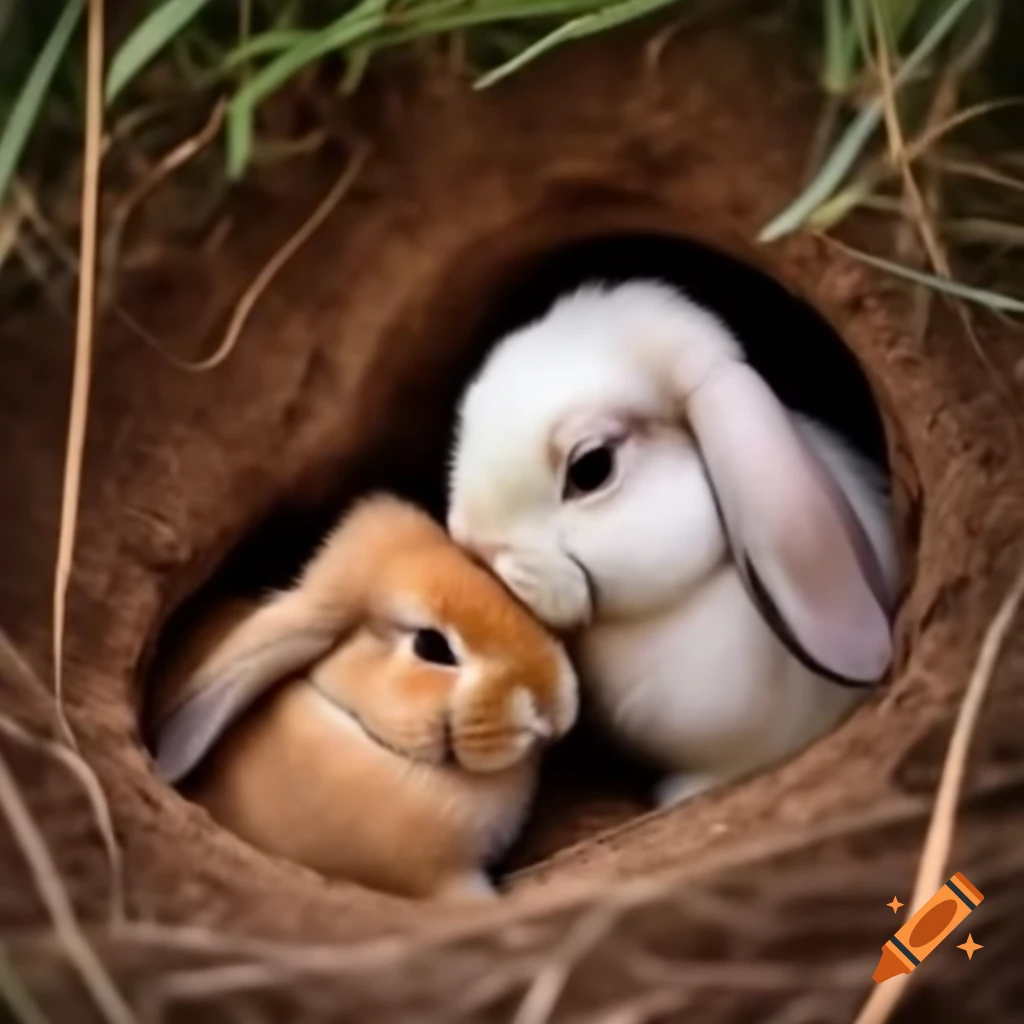 Two bunnies kissing in their burrow during daylight on Craiyon