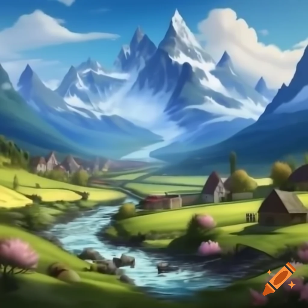 Medieval farming village beside river in glacial valley during spring ...