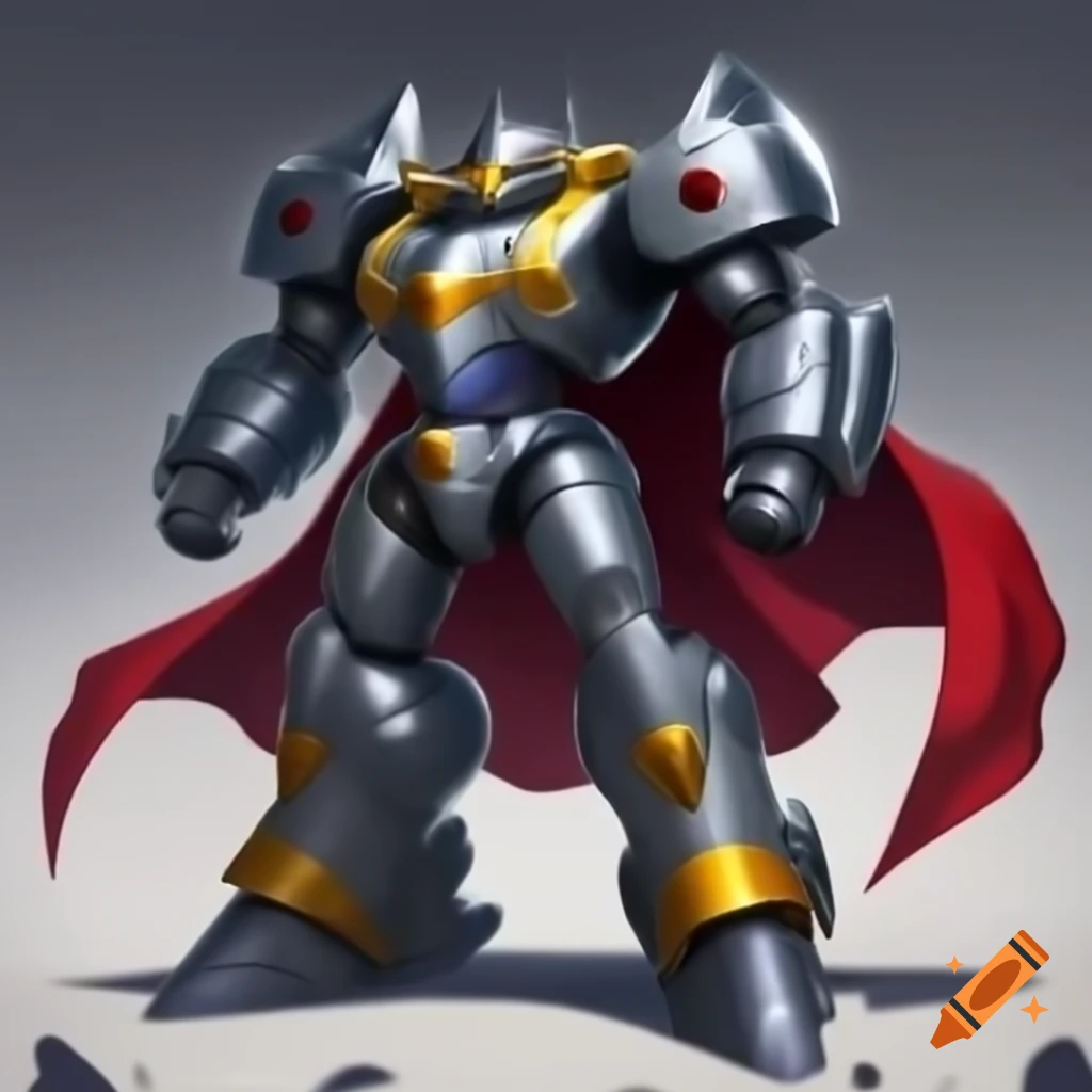 Anime robot lord with grey armor and red cape ready for battle on Craiyon