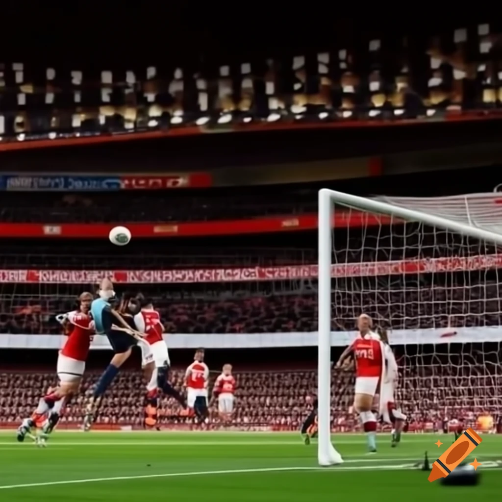 Footballer scoring header goal in last minute at Emirates Stadium on ...