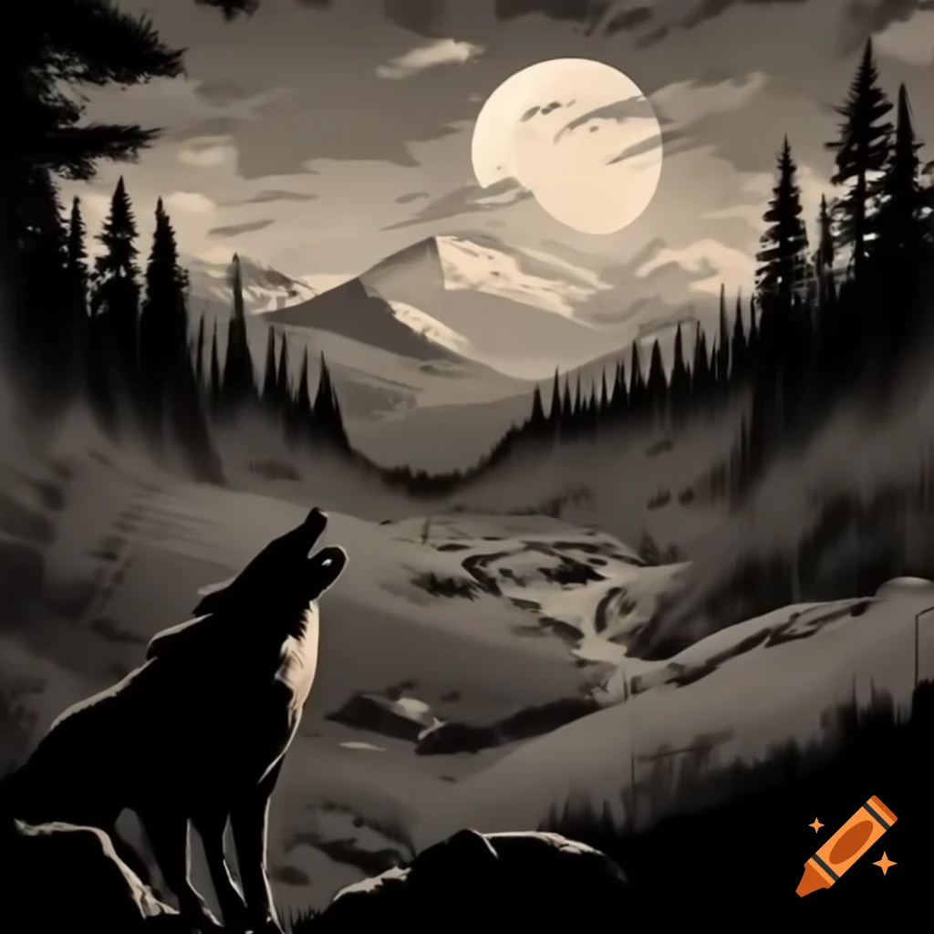 Manga style wolves howling at full moon in sparsely forested landscape on Craiyon