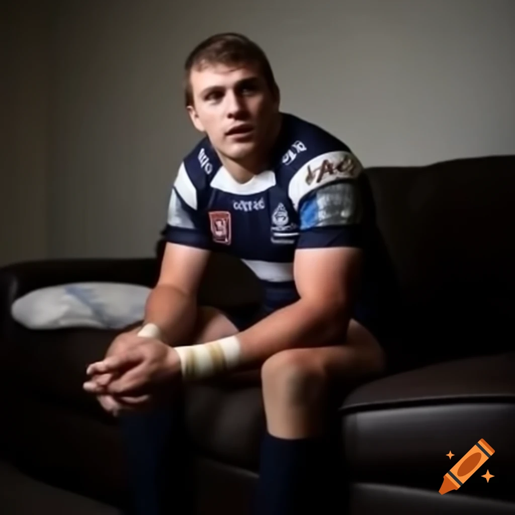 Rugby player in uniform sitting on couch, passionately gesturing during ...