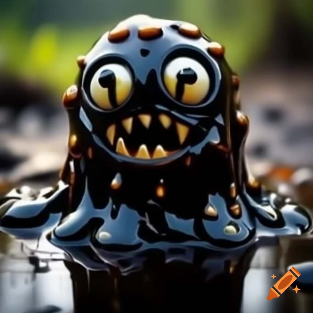 Monster made of black goo with three eyes emerging from goo puddle on ...