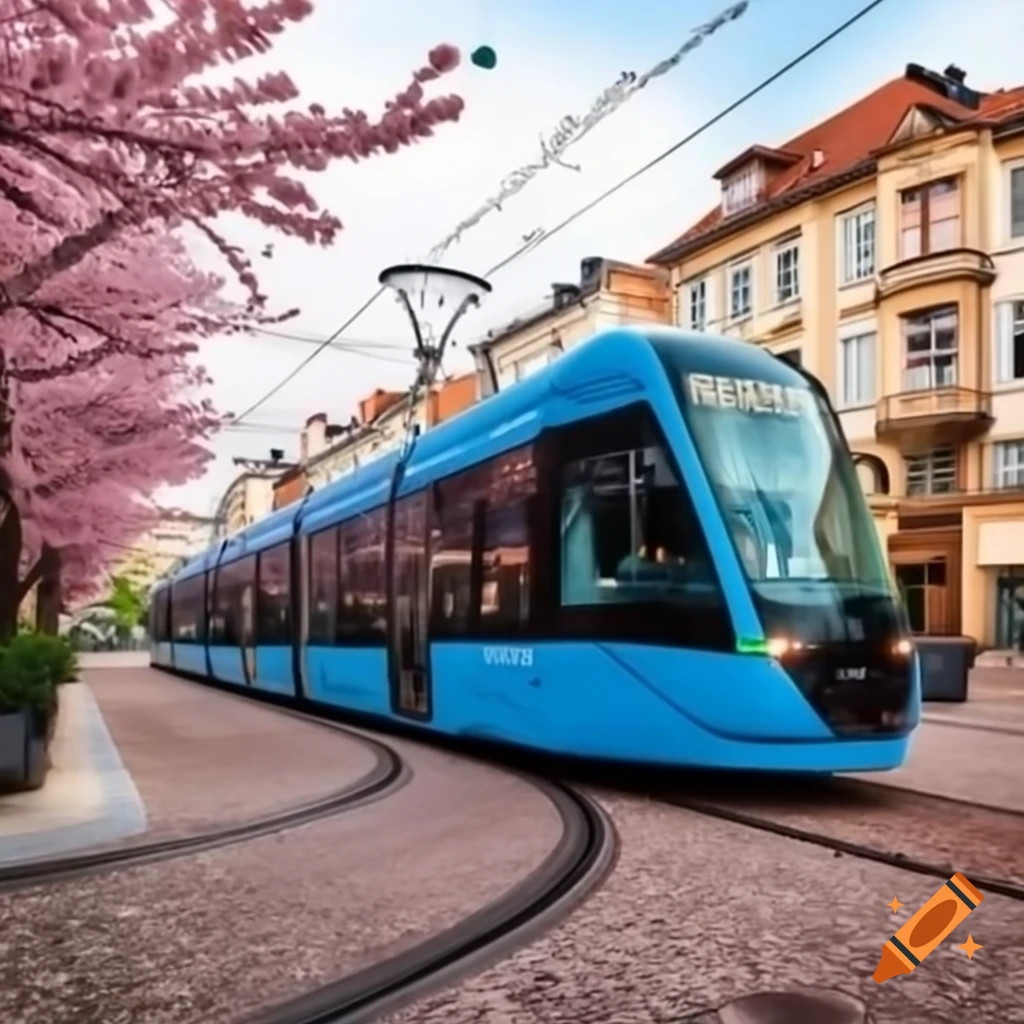 Alstom Citadis tram in European old town with cherry trees on Craiyon