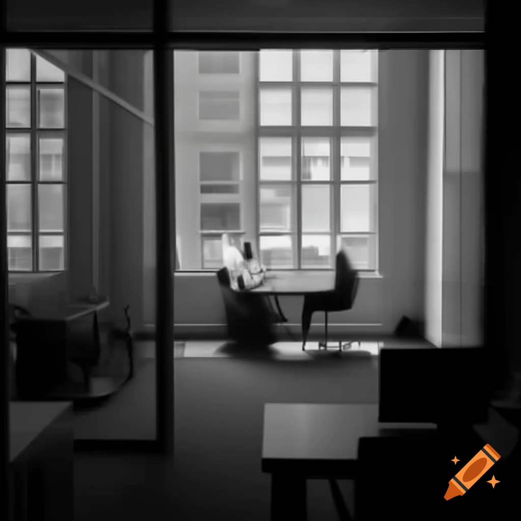 Interior of closed office with desk, book, computer, and coffee from a ...