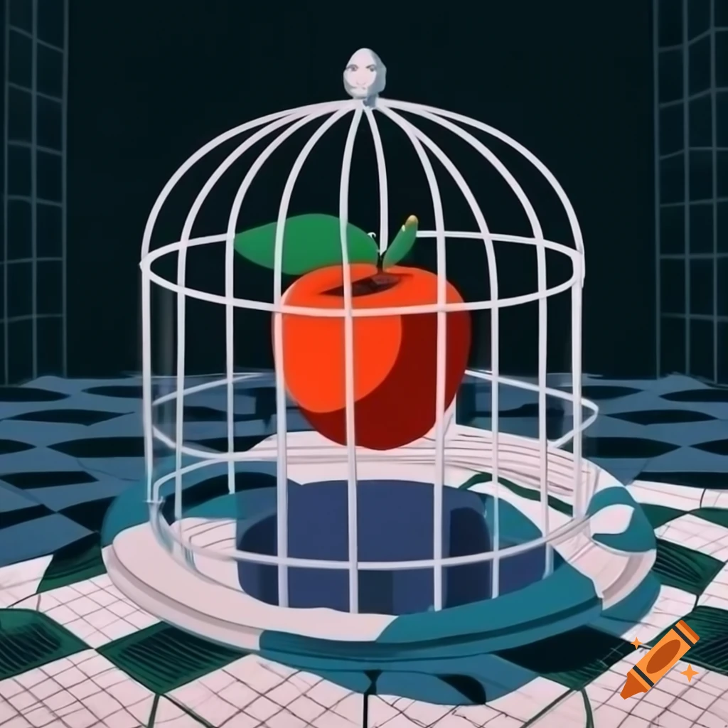 Surrealist painting of poison apple in cage on black and white tiled ...