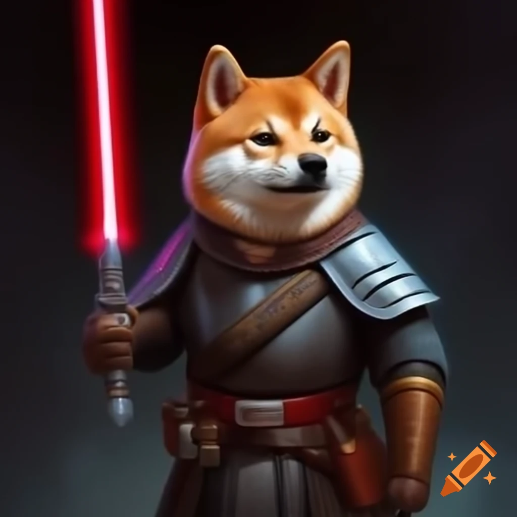 Shiba dog dressed as Jedi knight wielding red lightsaber on Craiyon