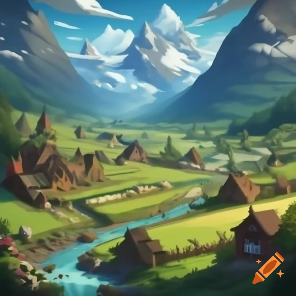 Medieval farming village beside pristine river in glacial valley during ...