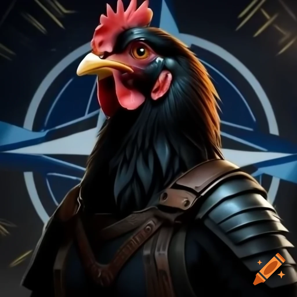 Black rooster ranger in leather armor on shield crest with NATO star on Craiyon
