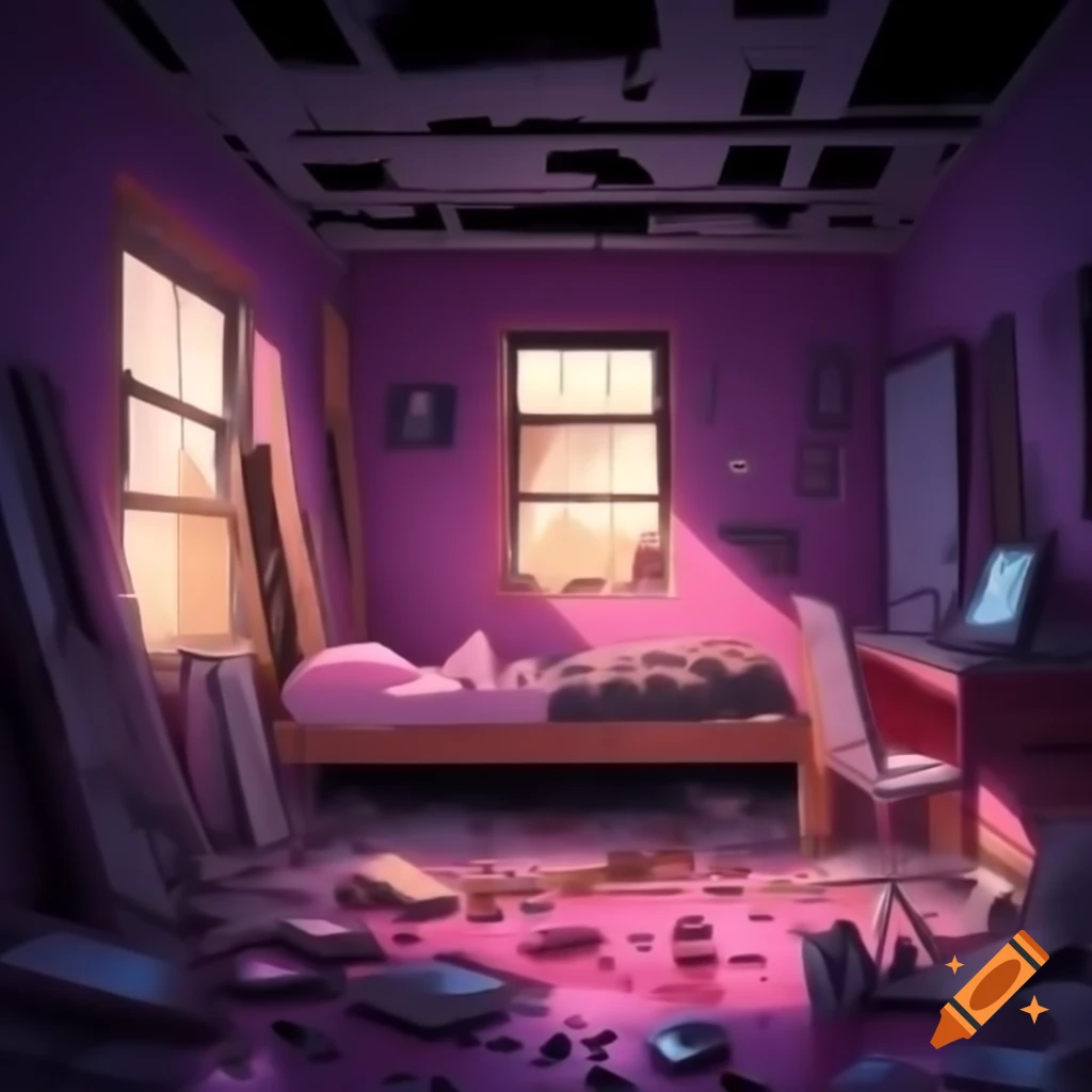 Destroyed pink room with debris, dust, and anime poster on Craiyon