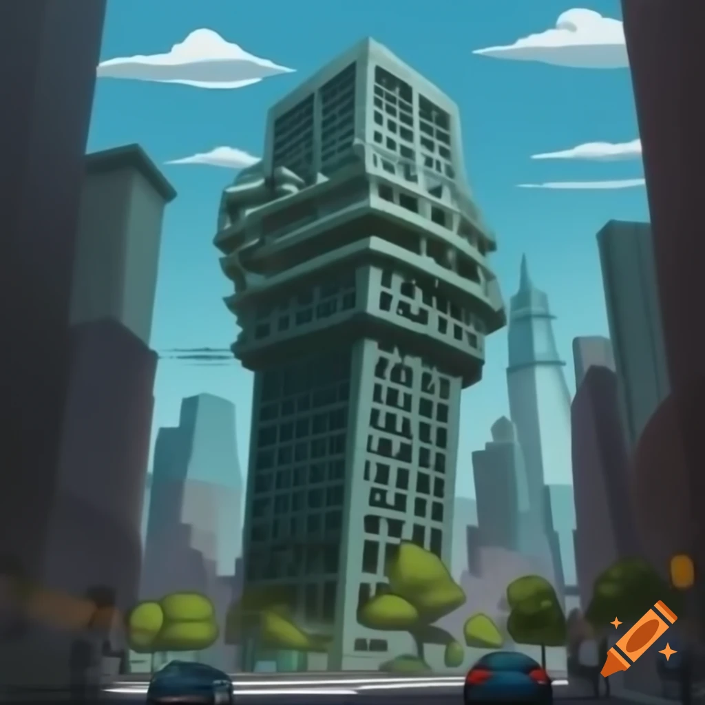 Cartoon of large dystopian bank towering over city on Craiyon