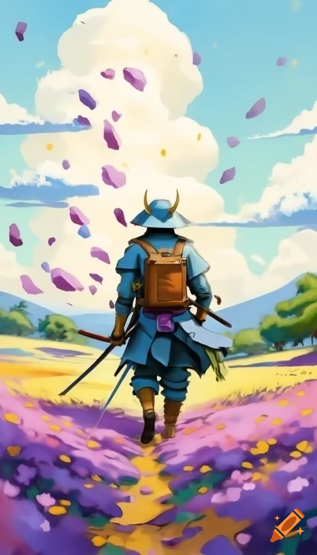 Samurai in a field with purple blossoms in The Simpsons art style ...