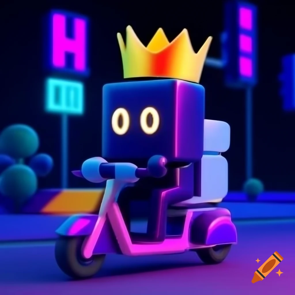 Roblox noob character with golden crown riding rainbow scooter in neon ...