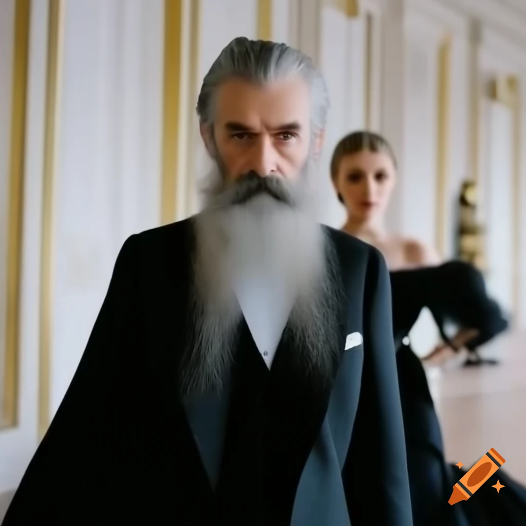 Elegant couple in Versailles Castle, man in tuxedo and woman in black gown on Craiyon