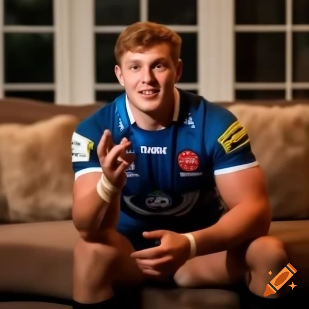 Rugby player Joe Marler relaxing on sofa with a cheeky smile on Craiyon