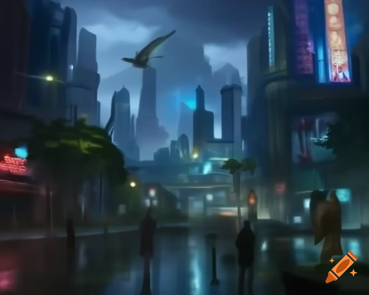 Biopunk and cyberpunk cityscape with cyborg animals and neon lights on ...