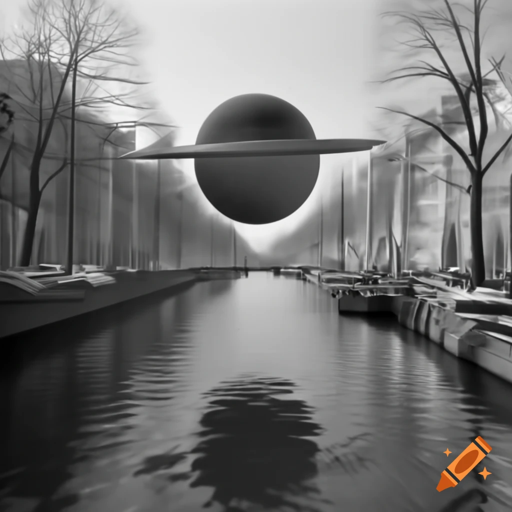 Art installation featuring Mars-like sphere and two angled flat ...