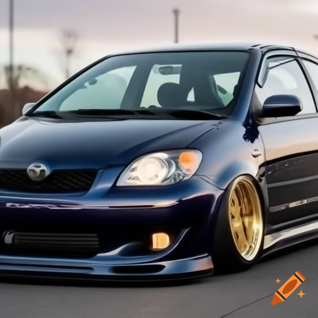 2001 blue Toyota Yaris lowered with gold alloy wheels on Craiyon