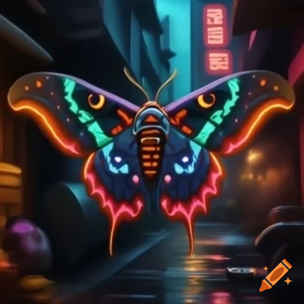 Glowing moths in Indian streets, dark neon art style on Craiyon