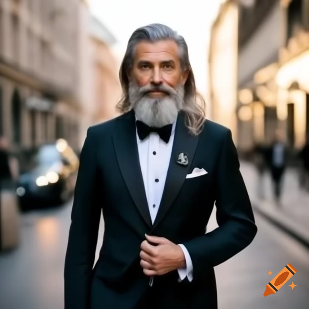 Elegant man in tuxedo with long gray beard walking during golden hour on Craiyon