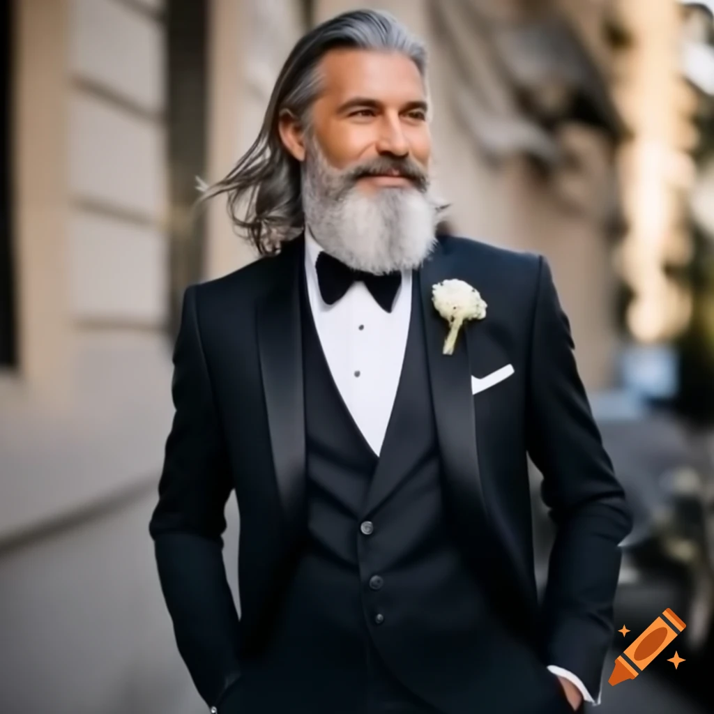 Elegant man in tuxedo with long gray beard walking during golden hour on Craiyon