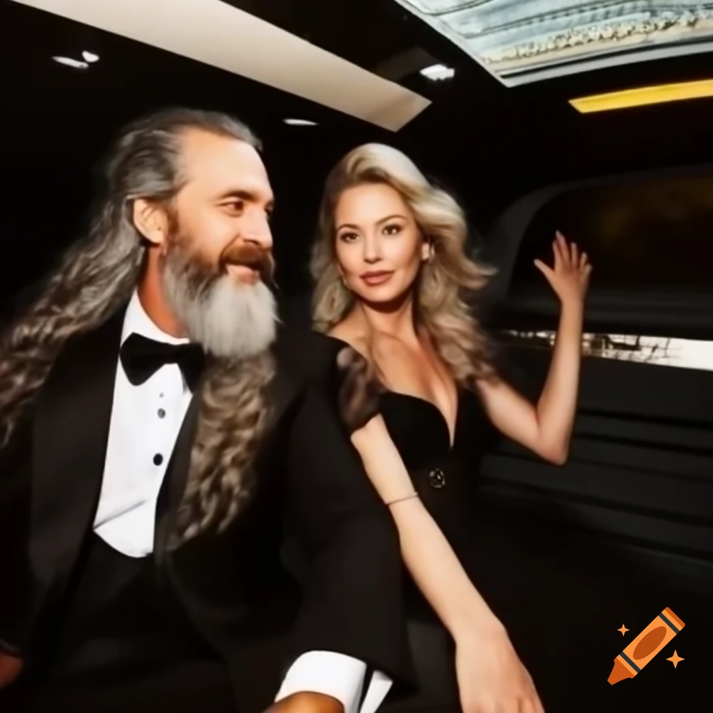 Stylish couple exiting limousine, man in tuxedo and woman in evening ...