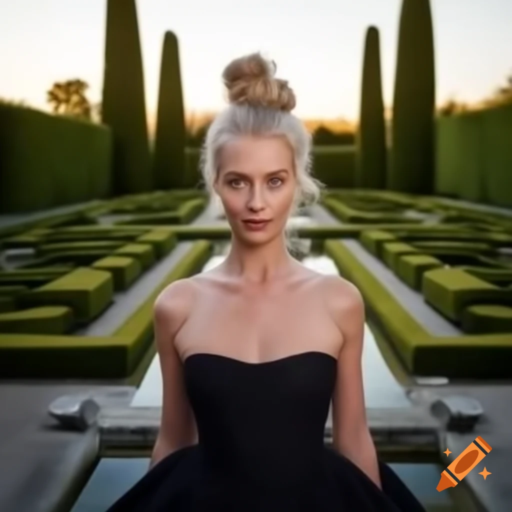 Fierce woman with pale hair trimming hedges in manicured garden at ...