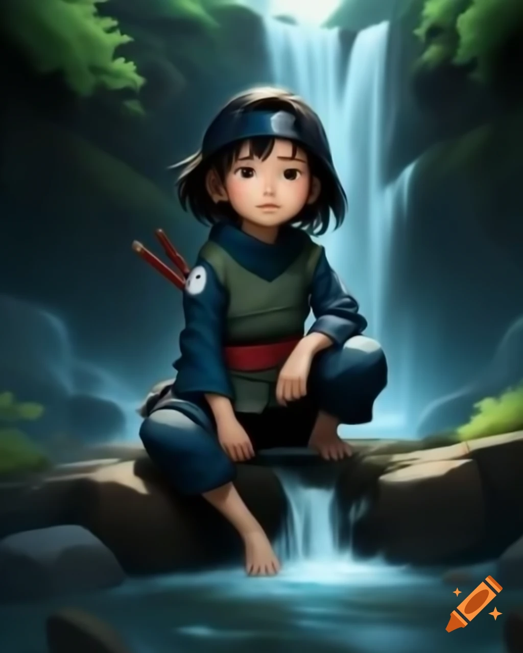 Ninja girl sitting under waterfall in anime style on Craiyon