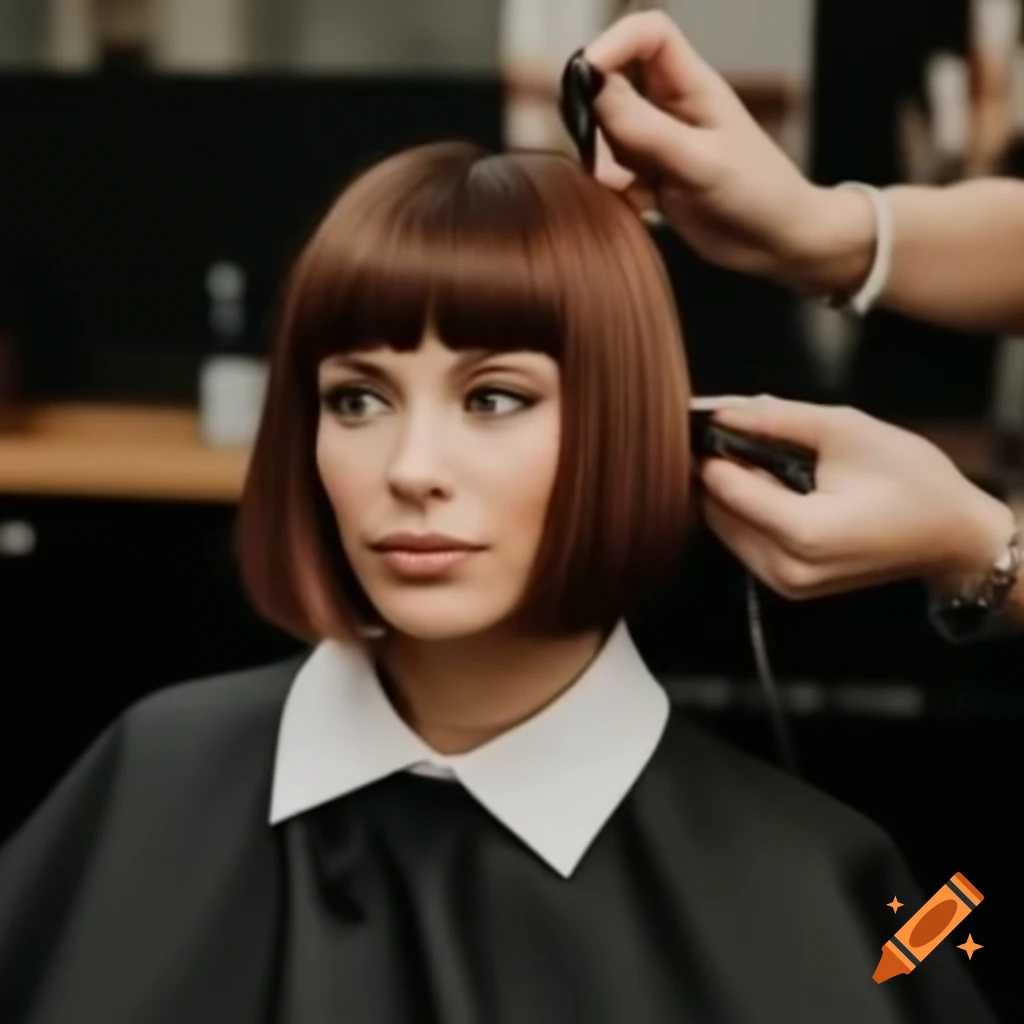 Business woman with sharp bob in suit and tie getting a haircut on Craiyon