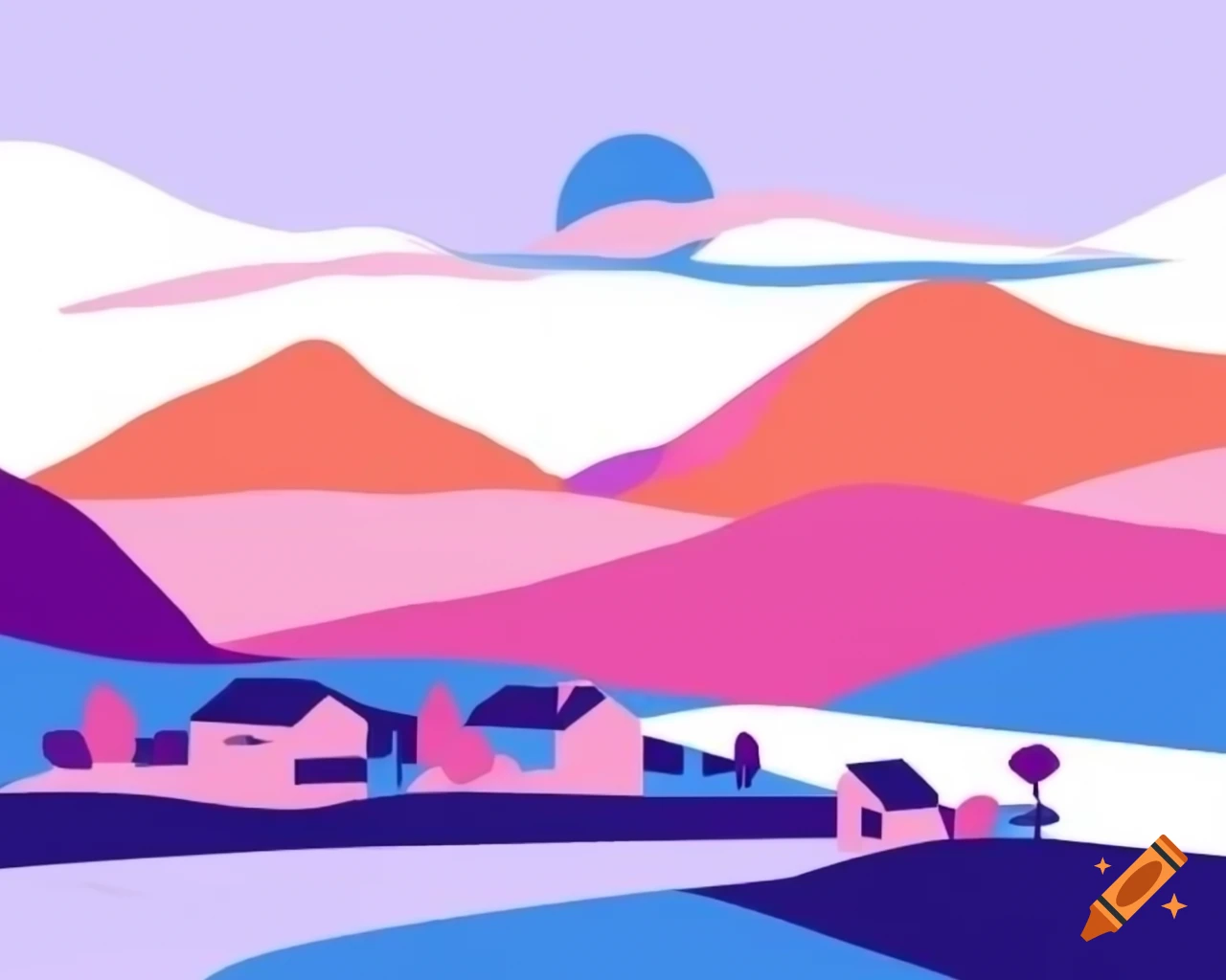 Minimalist vector landscape of picturesque village at base of stylized ...
