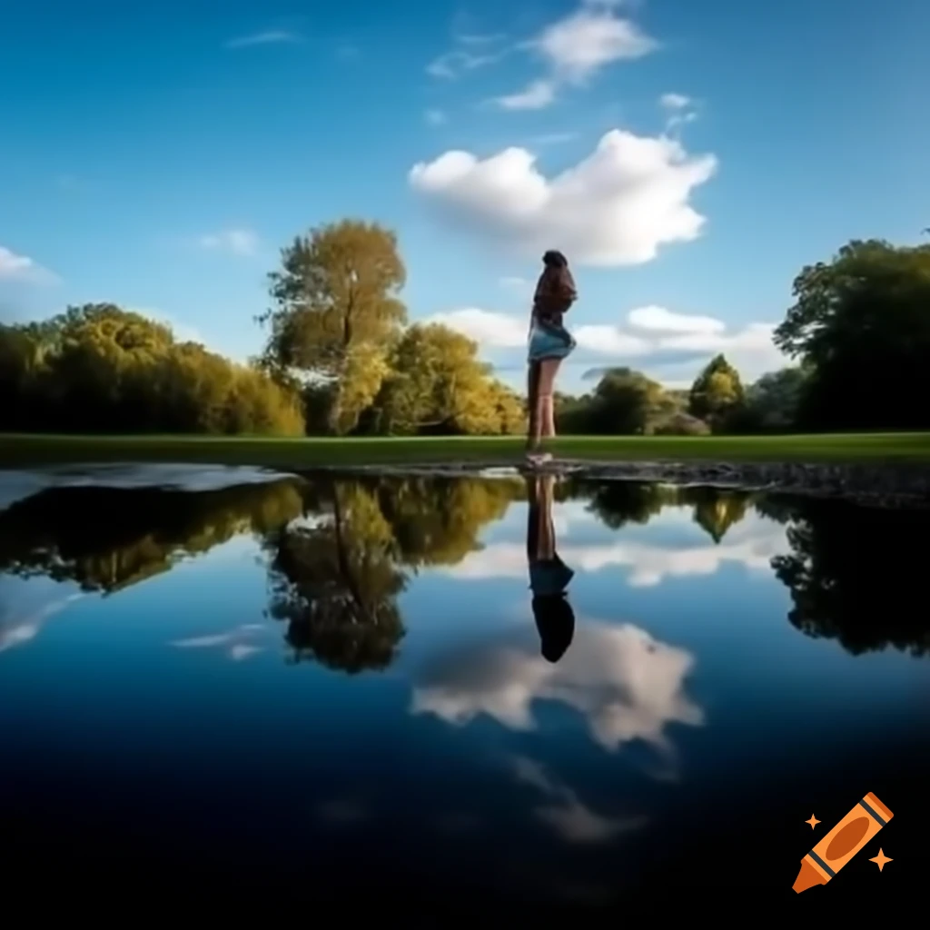 Still pond reflecting the sky with a person gazing at their reflection ...