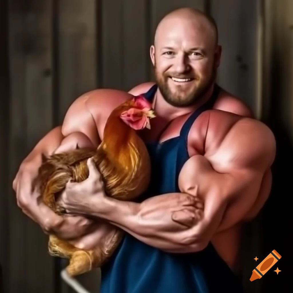 Smiling chicken farmer with muscular build, representing Gen Y on Craiyon