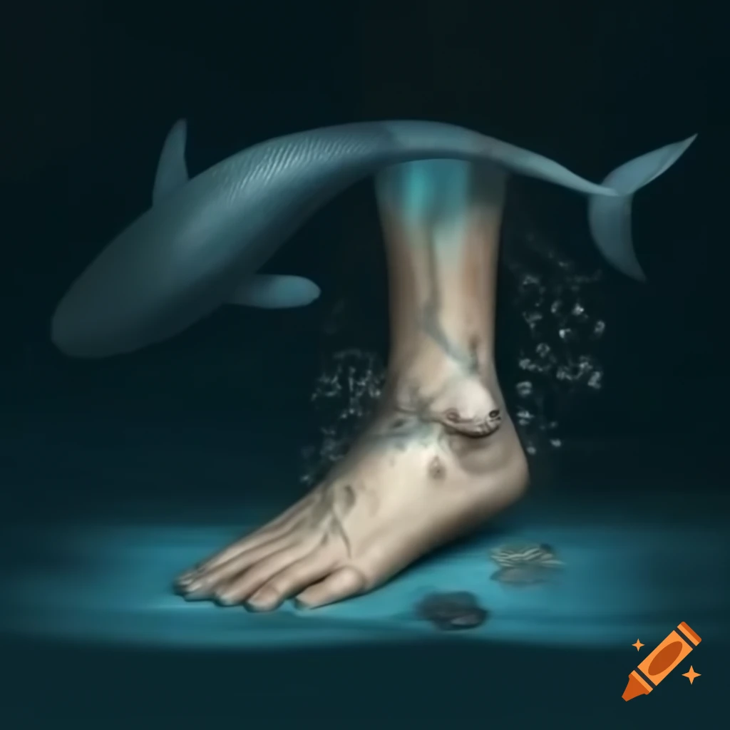 Hyperrealistic artwork of human foot adorned with whale flukes on Craiyon