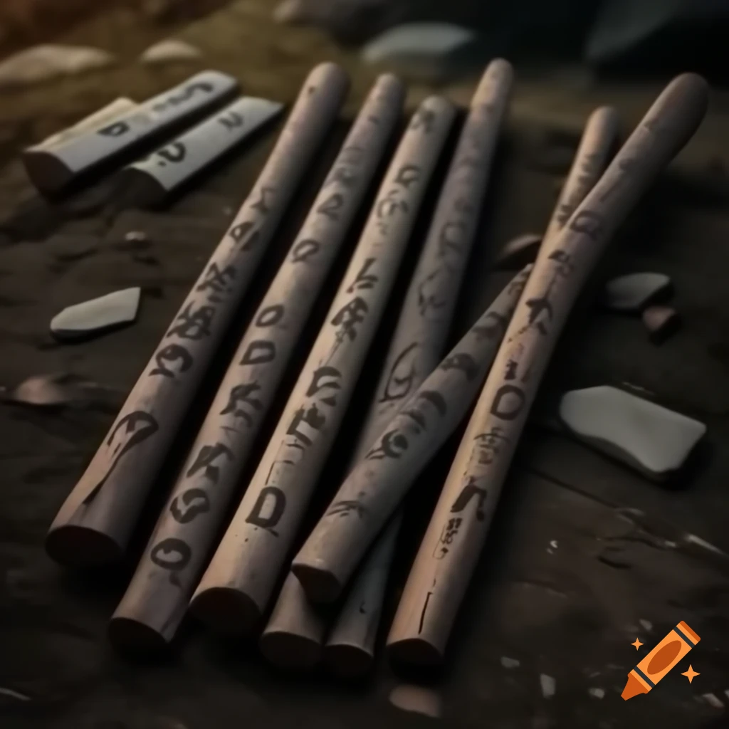 Flat sticks etched with Viking runes scattered on ground, remnants of ...