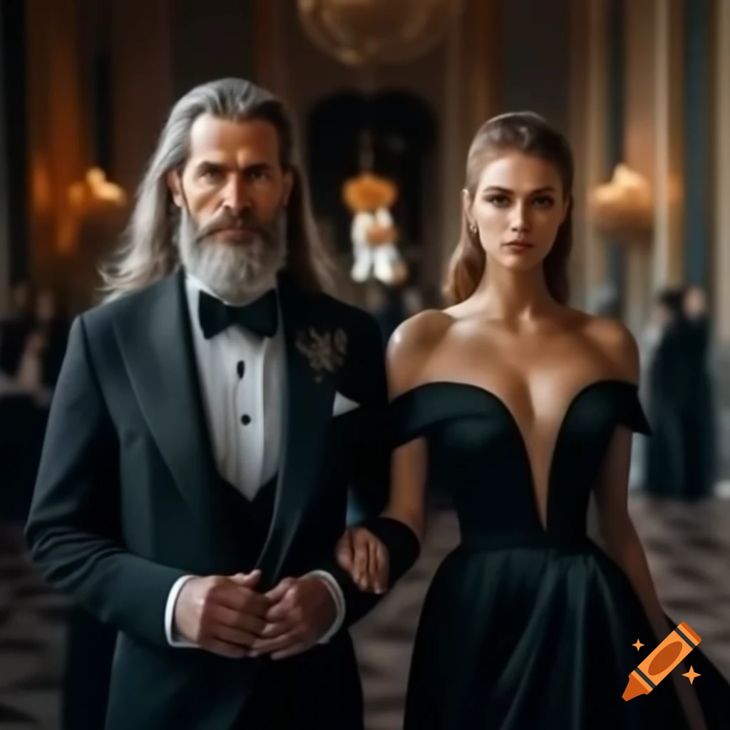 Wise man in tuxedo and woman in black evening gown in Versailles castle ...