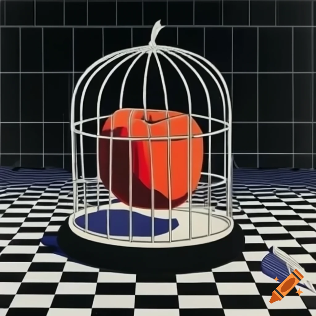 Surrealist painting of poison apple in cage on black and white tiled ...