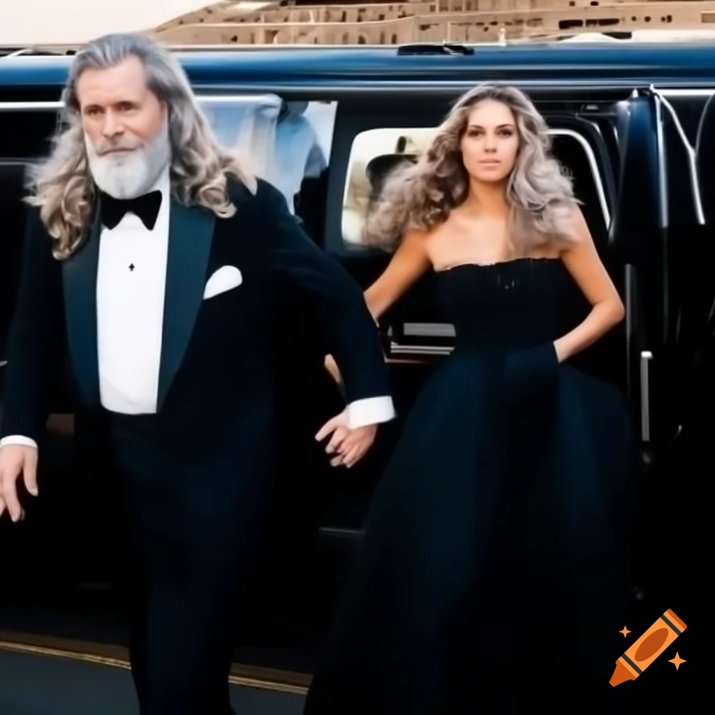 Elegant couple exiting limousine under golden lighting on Craiyon